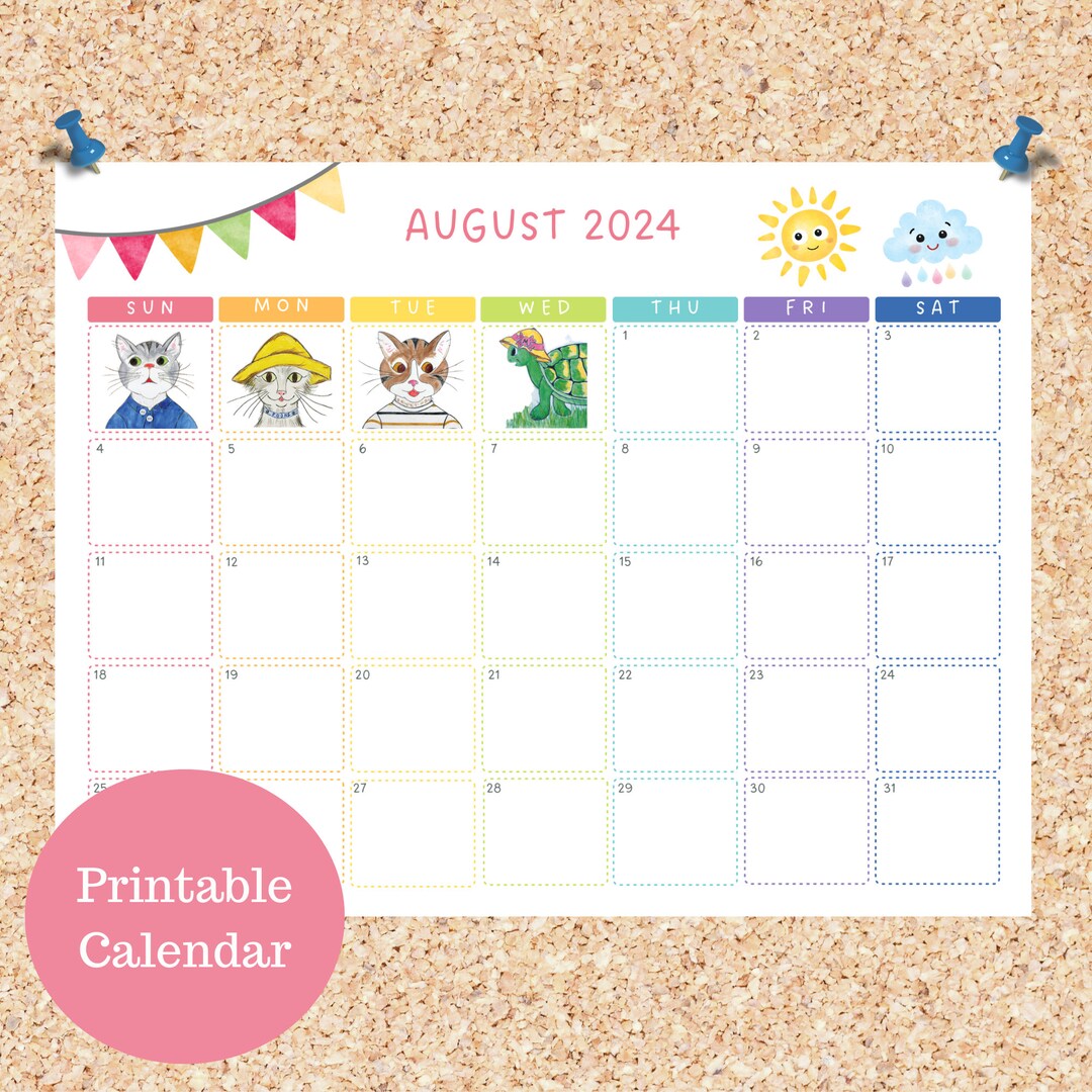 Oli Kids Co August 2024 Printable Calendar, Downloadable Calendar, Cat ...
