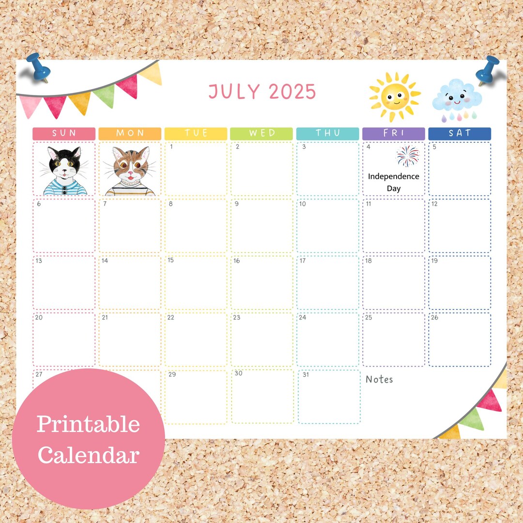 Oli Kids Co July 2025 Printable Calendar, Downloadable Calendar, Cat ...