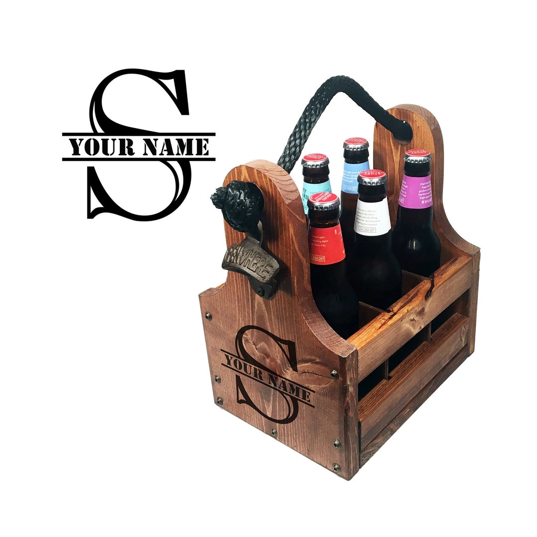 Personalized Beer Caddy With Cast Iron Bottle Opener Soft Rope Handle ...