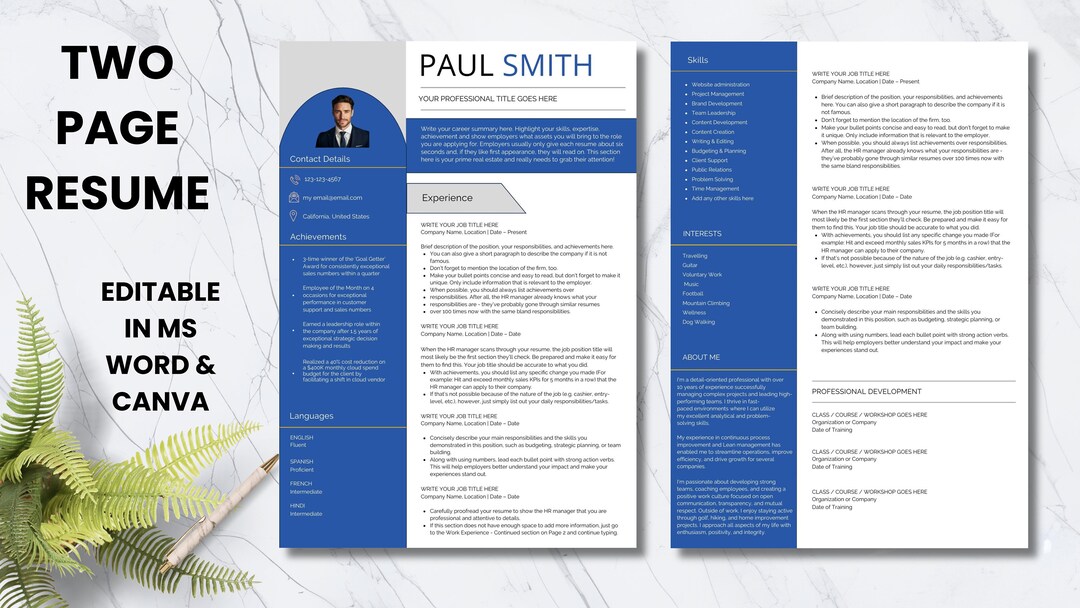 Word Resume Template, Modern Resume Editable in Canva or Word. CV ...