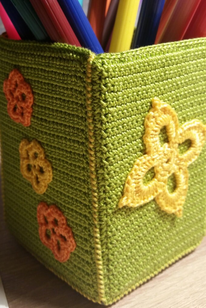 Crocheted Pencil Box Decorated With Flowers, Crochet Green Pencil Box ...