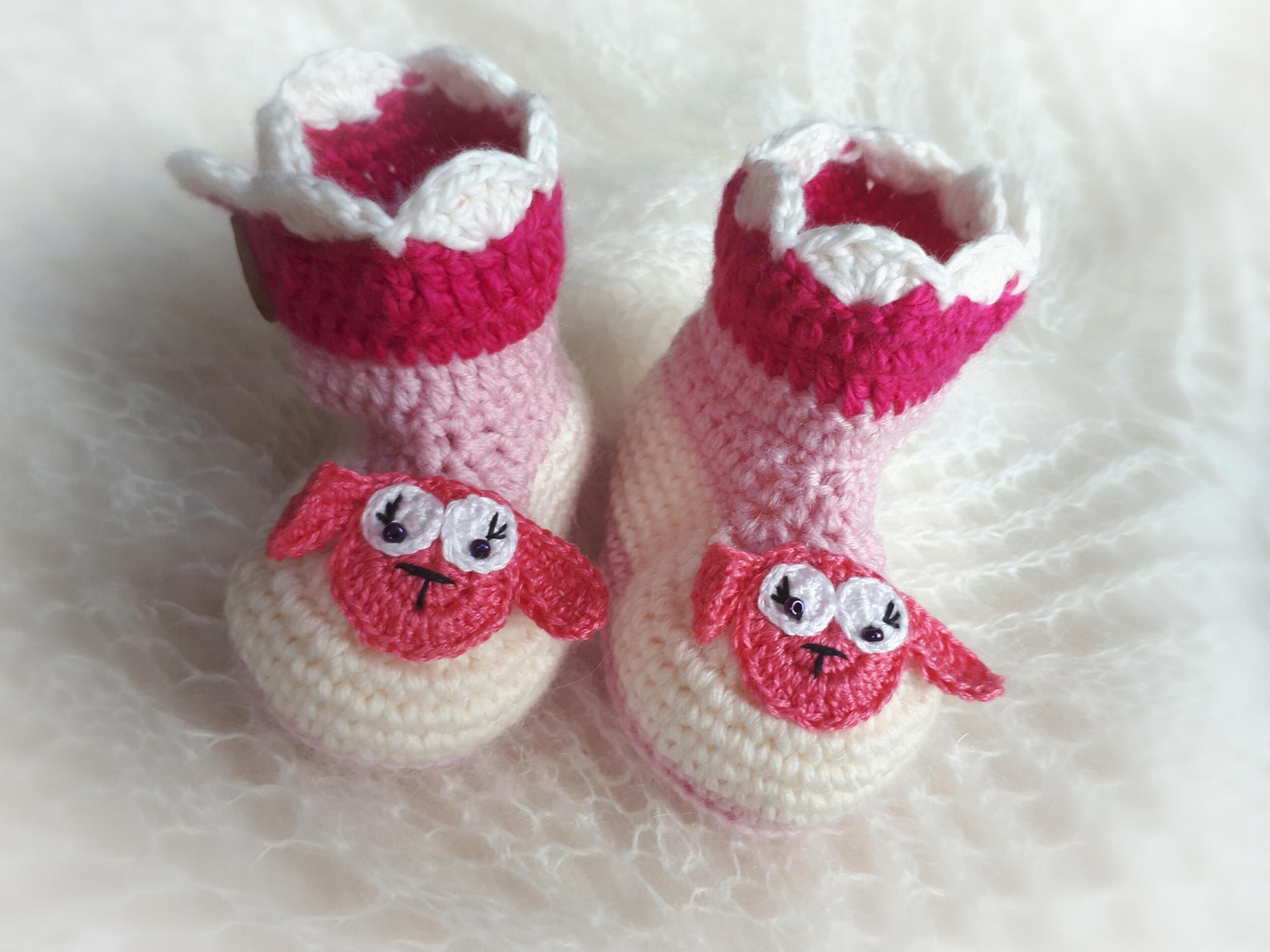 Crochet Baby Booties/decorated With Sweet Sheep and Wooden Button/0-3 ...