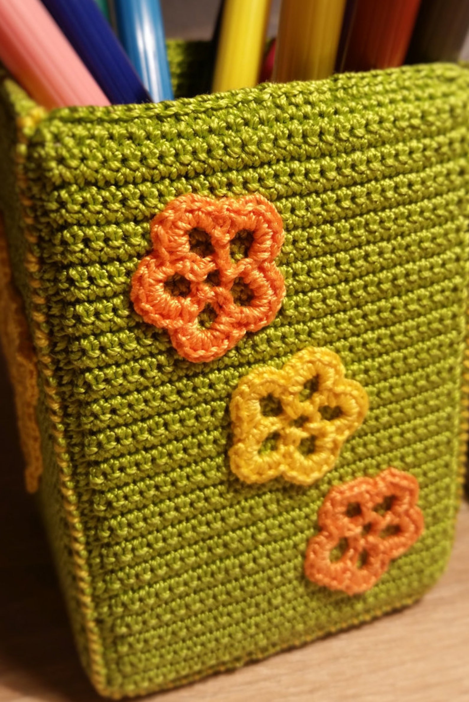 Crocheted Pencil Box Decorated With Flowers, Crochet Green Pencil Box ...
