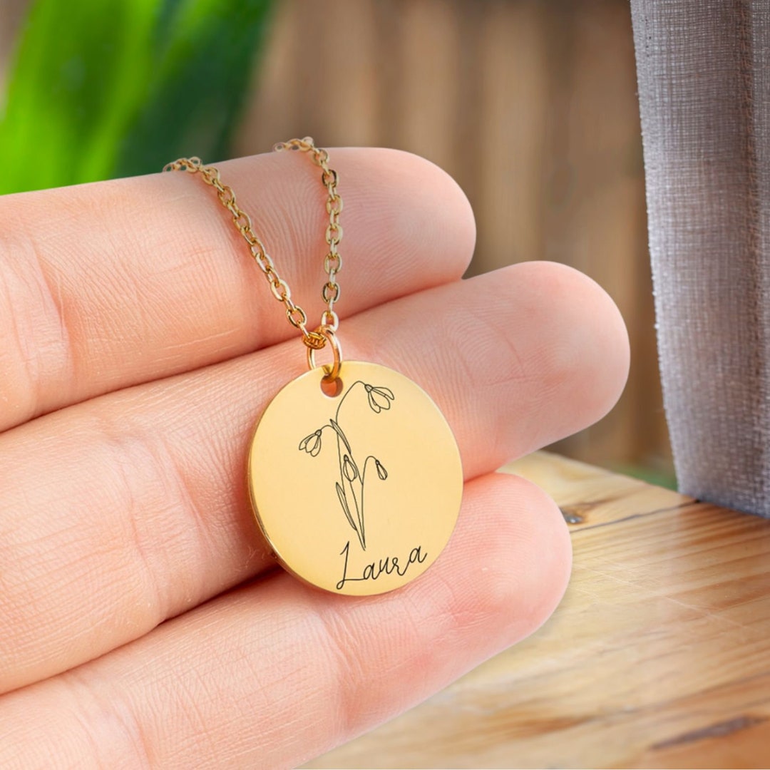 Personalized Birth Flower Necklace Custom Name Engraved Jewelry Birth ...