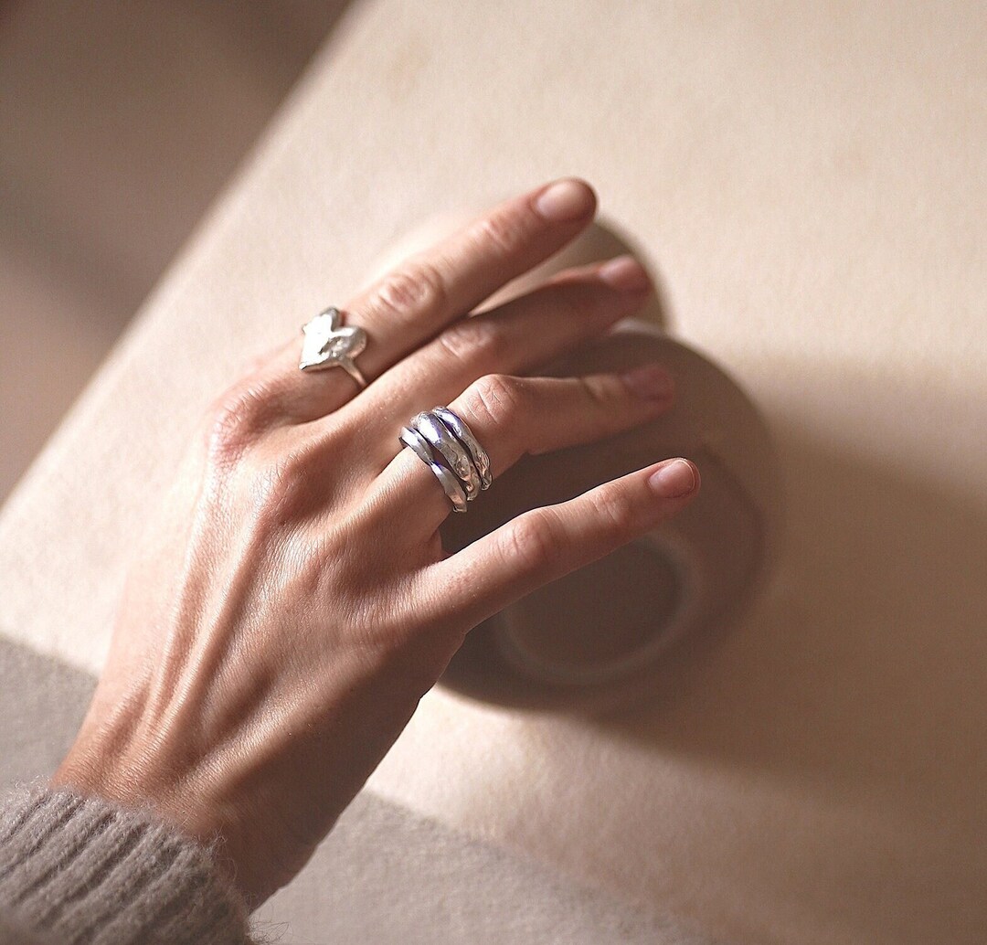 Chunky Silver Rings With Organic Texture Cigar Band for Stacking Set ...