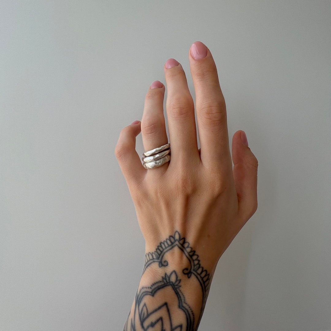 Funky Set of Three Stacking Silver Rings – Handcrafted Organic Band ...