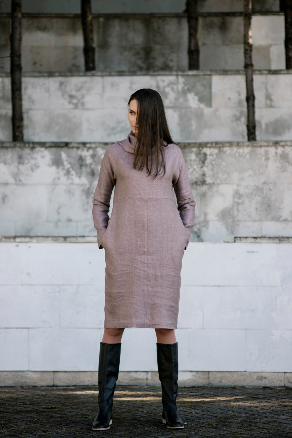 Linen Dress Motumo With Long Sleeve and High Collar 15FW10 - Etsy