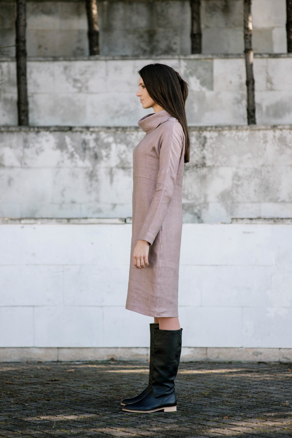 Linen Dress Motumo With Long Sleeve and High Collar 15FW10 - Etsy