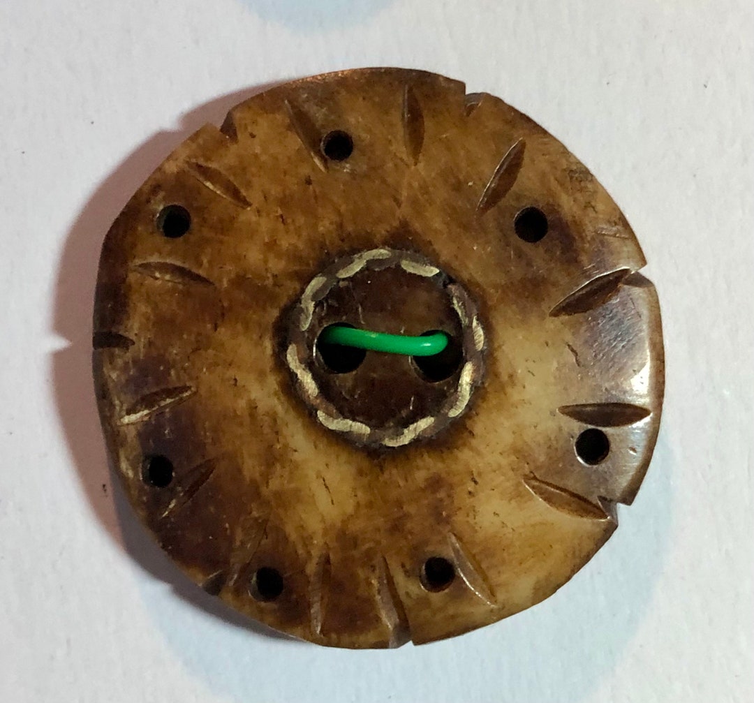 Antique Horn Button Inlaid With Brass, Pierced & Carved - Etsy