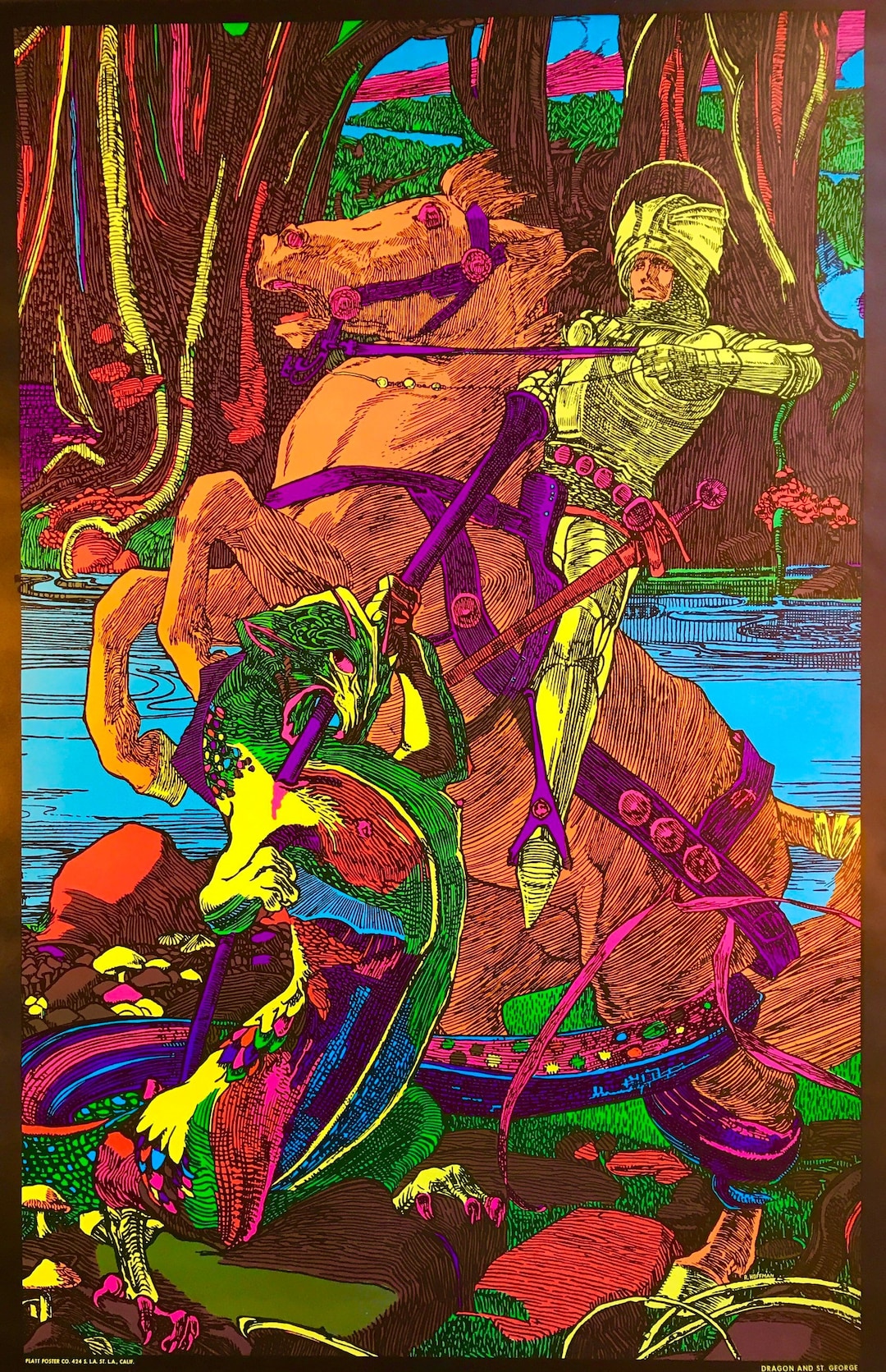 Vintage 1970s BLACK LIGHT Dragon & Saint GEORGE Knight Jousting Horse Sword Fight Poster - Etsy