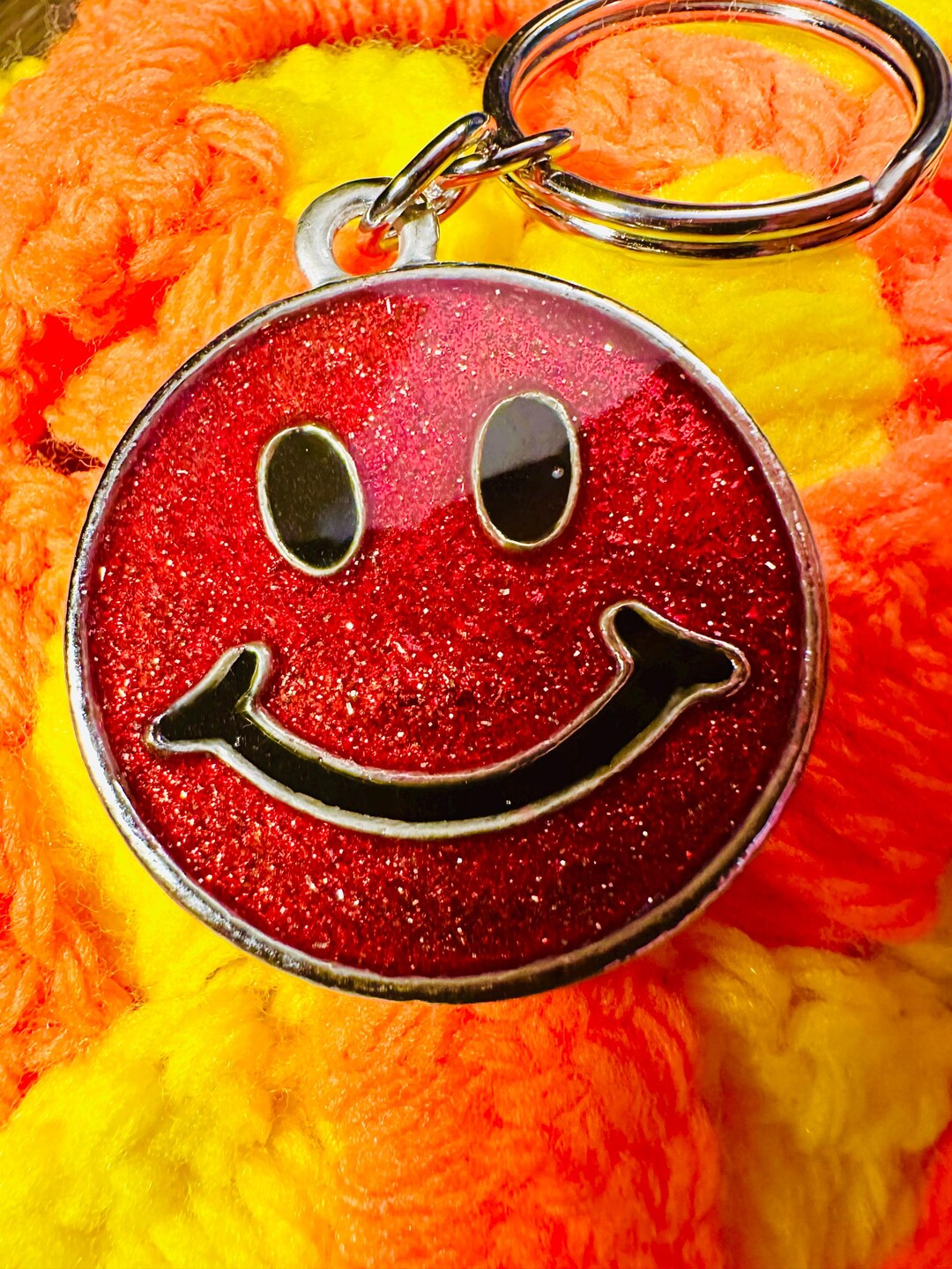 Vintage 1990s Cherry Bomb GLITTER HAPPY Smiley FACE Keychain Hammered ...