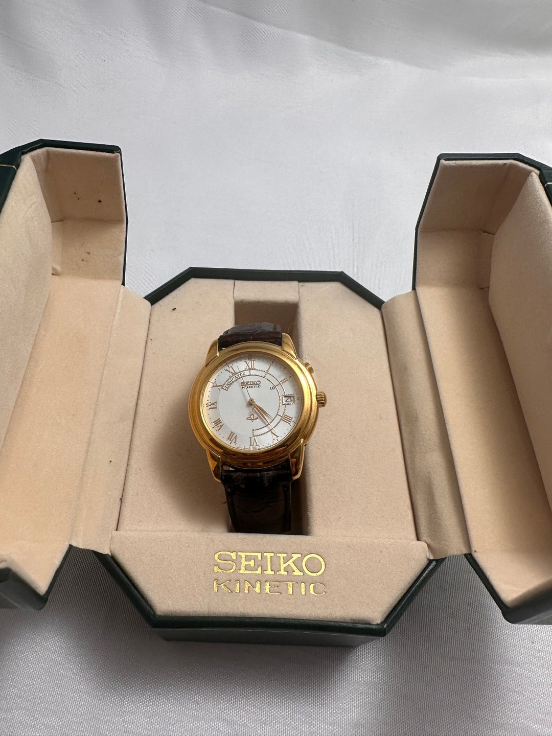 Vintage Seiko Kinetic Gold Tone Watch With Leather Band, Water ...