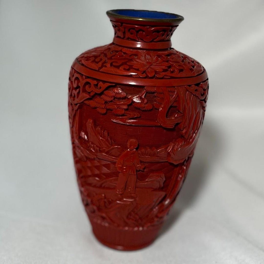 Vintage Chinese Cinnabar Vase, Hand Carved Floral Design, Blue Enamel ...