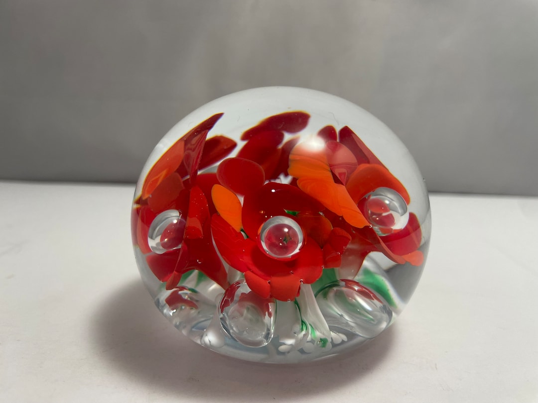 Vintage Gibson Glass Red Floral Paperweight - Etsy