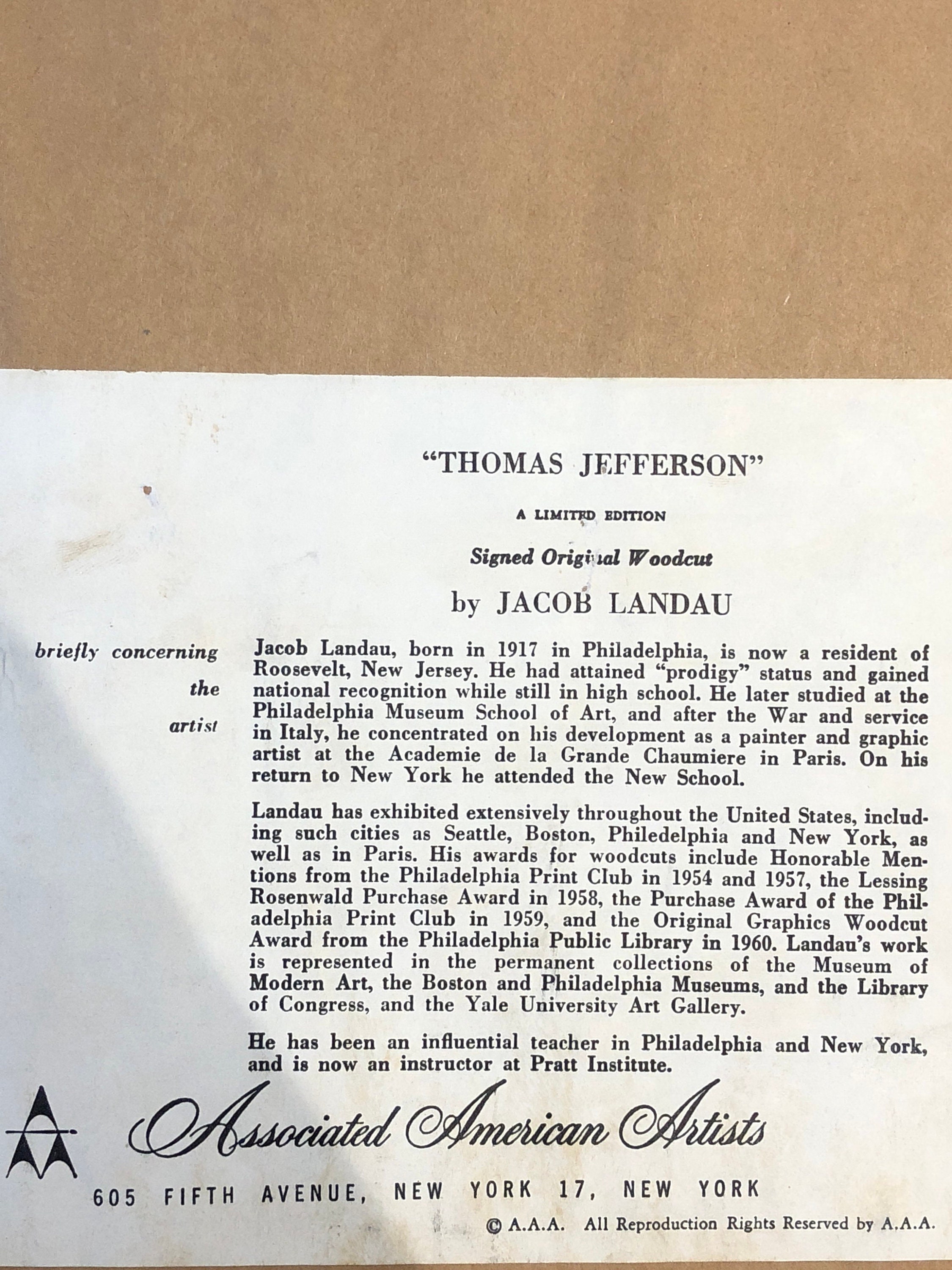 Thomas Jefferson by Jacob Landau. Original Wood Cut Art Piece - Etsy