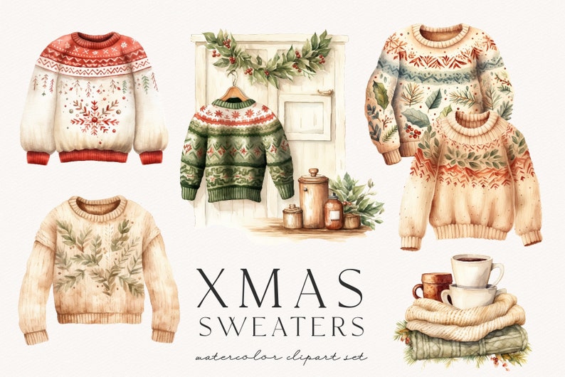 Christmas Sweaters Clipart, Watercolor Cozy Christmas, Xmas Clipart ...
