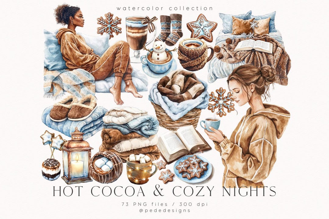 Hot Cocoa & Cozy Nights Clipart Bundle, Watercolor Winter, Cozy Winter ...