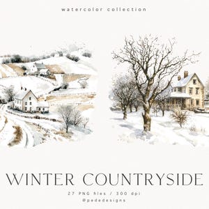 Winter Countryside Watercolor Clipart, Cozy Cottages, Christmas Snow ...
