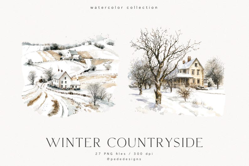 Winter Countryside Watercolor Clipart, Cozy Cottages, Christmas Snow ...