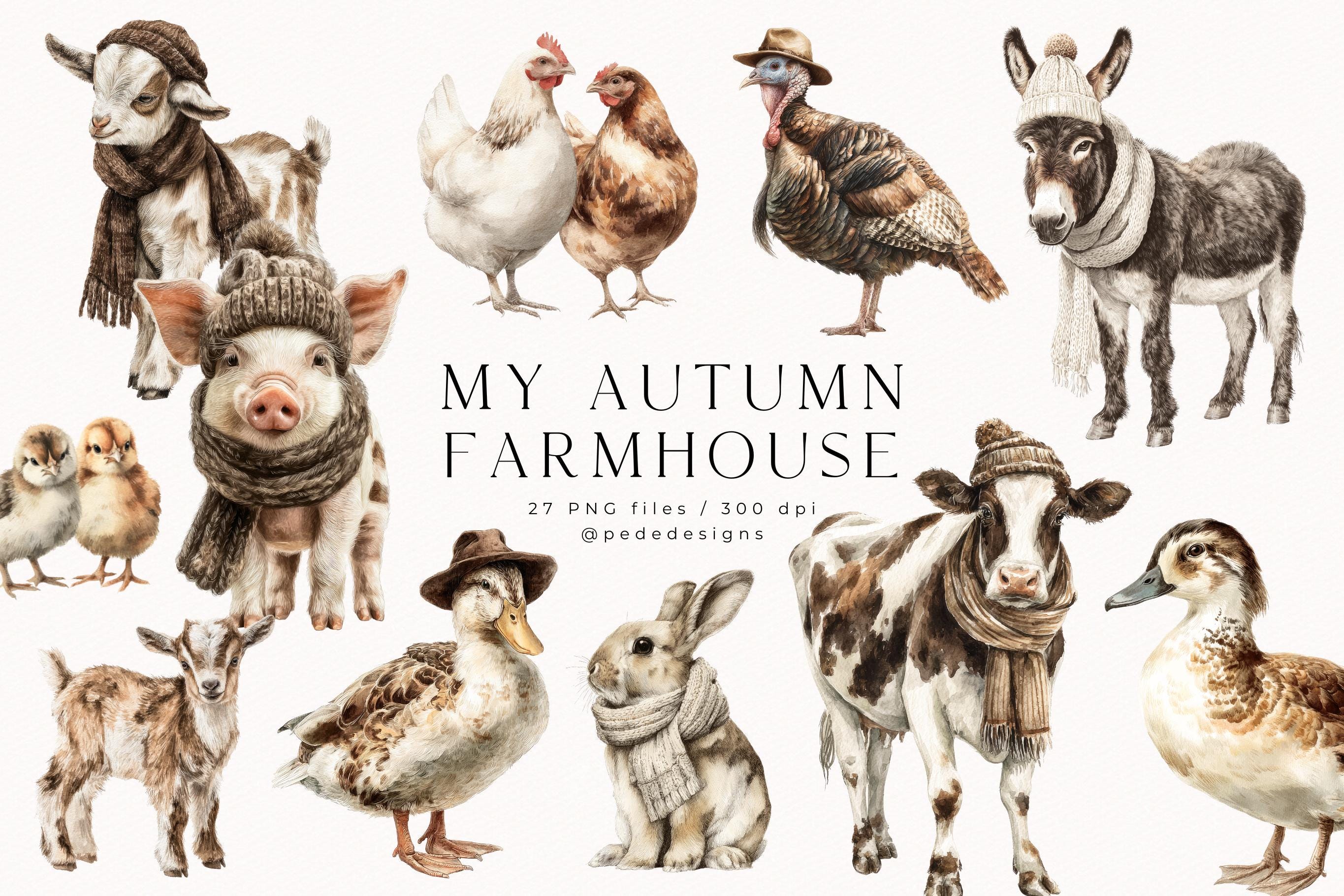 Watercolor Farm Animal Clipart: Goose, Duck, Cow, Pig, Goat (PNG ...