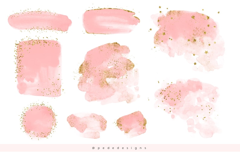 Watercolor Strokes Clipart Gold Glitter Pink Watercolor | Etsy