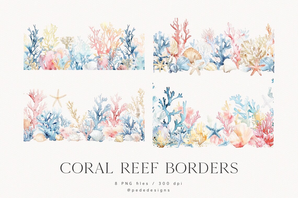 Coral Reef Borders, Watercolor Sea Clipart, Ocean Graphics, Underwater ...