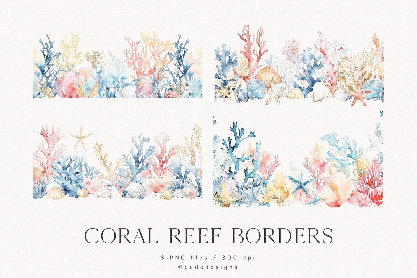 Coral Reef Borders, Watercolor Sea Clipart, Ocean Graphics, Underwater ...