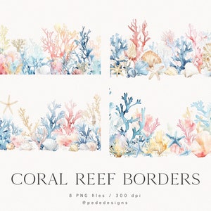 Coral Reef Borders, Watercolor Sea Clipart, Ocean Graphics, Underwater ...