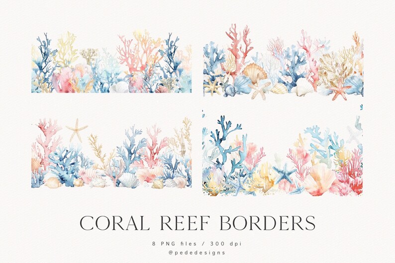 Coral Reef Borders, Watercolor Sea Clipart, Ocean Graphics, Underwater ...