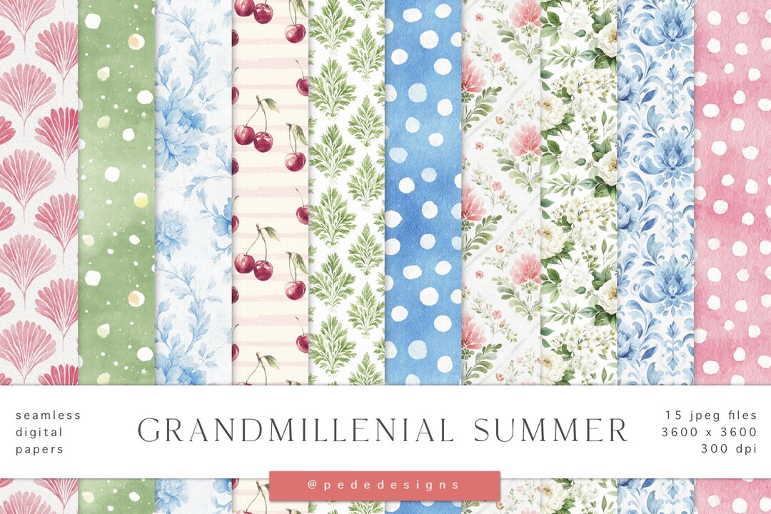 Grandmillenial Summer Digital Papers, Pink Digital Papers, Blue ...