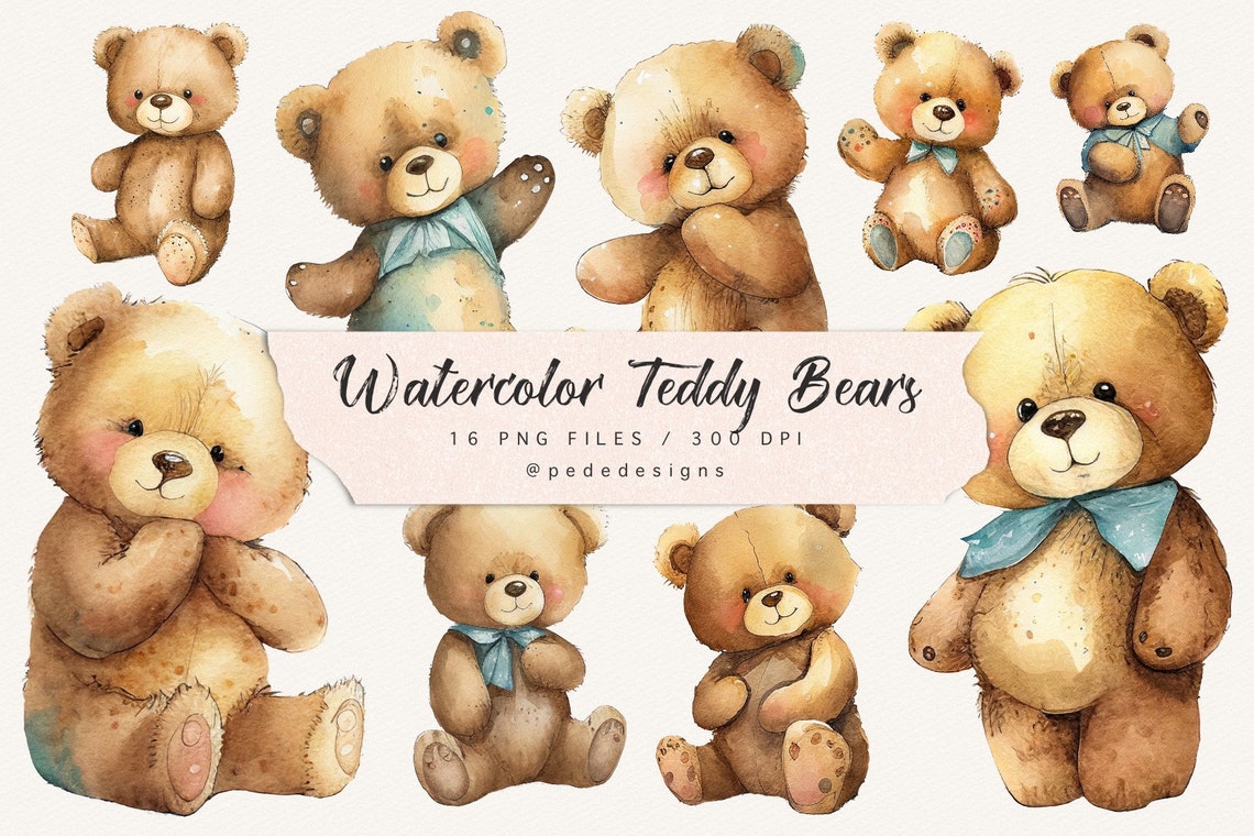 Watercolor Teddy Bears Clip Art, Nursery Clipart, Baby Shower ...