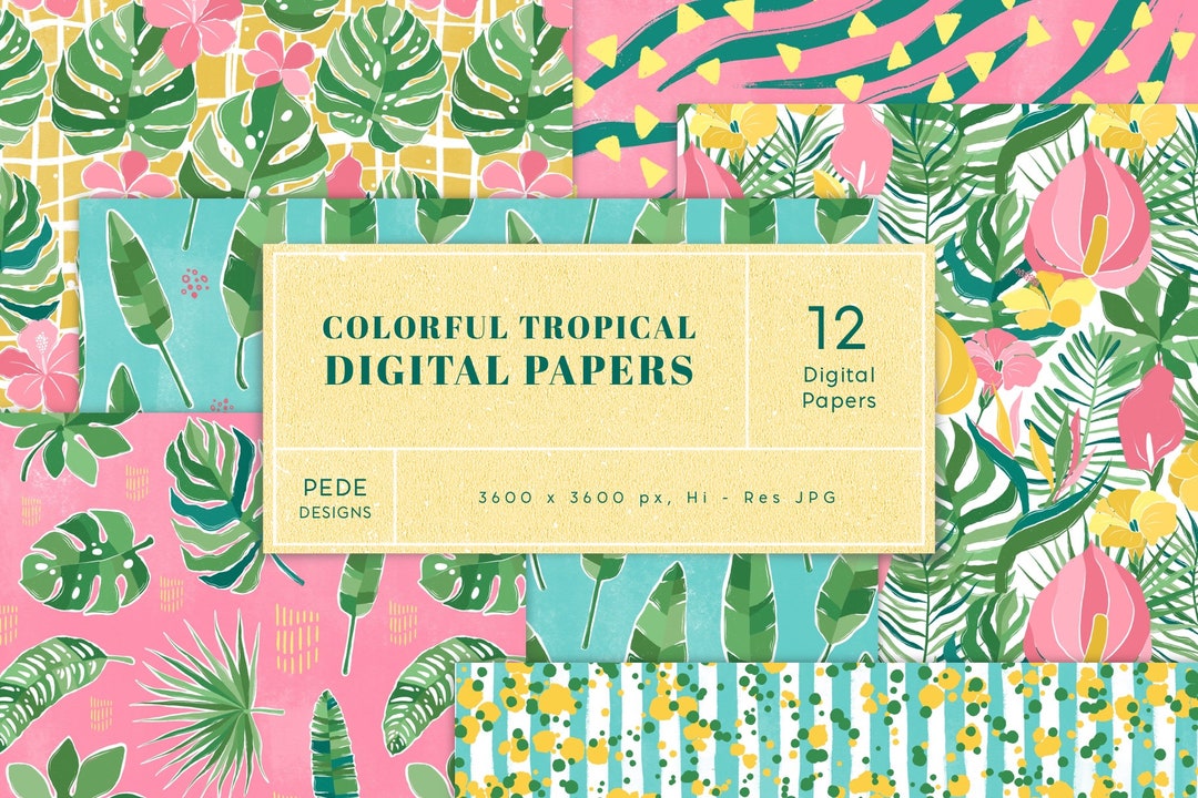 Colorful Tropical Digital Papers, Exotic Digital Paper Pack, Summer ...