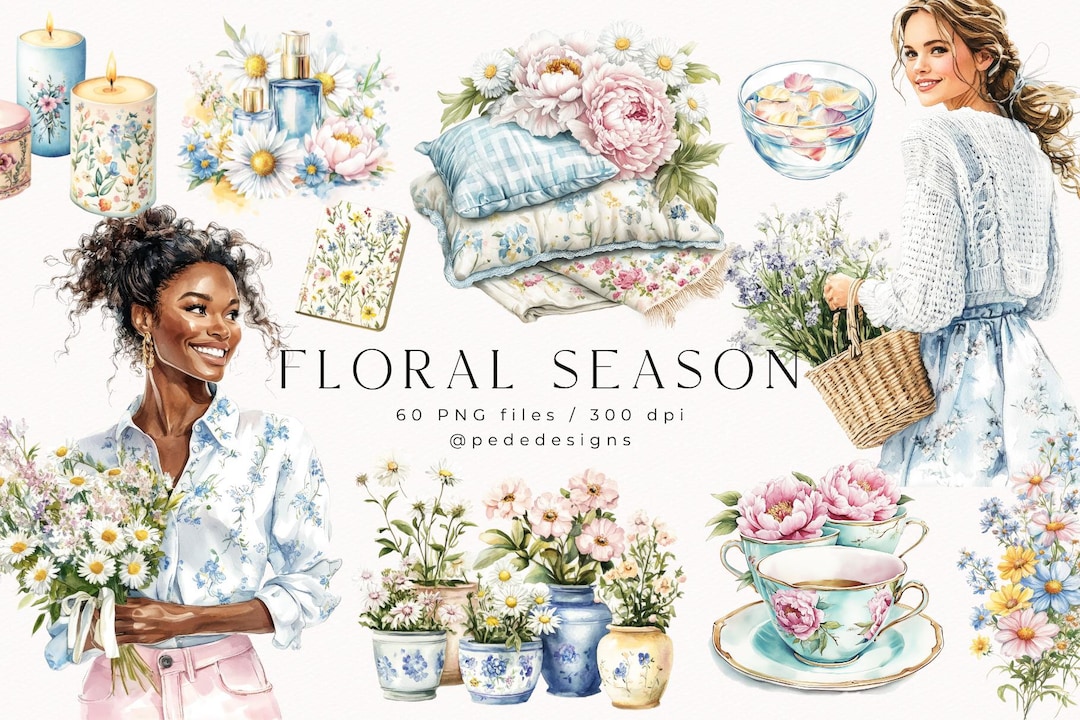 Floral Season Clip Art Set, Watercolor Botanical Graphics, Girl Clipart ...