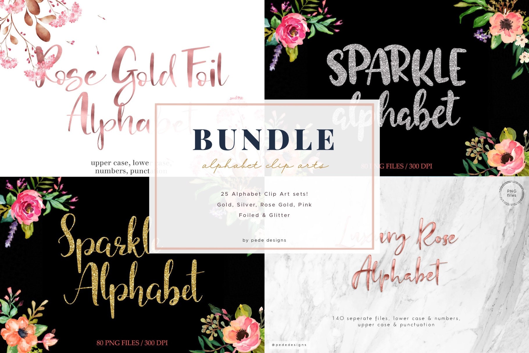 Alphabet Clip Art Bundle, Gold, Rose Gold, Silver, Foil & Glitter ...
