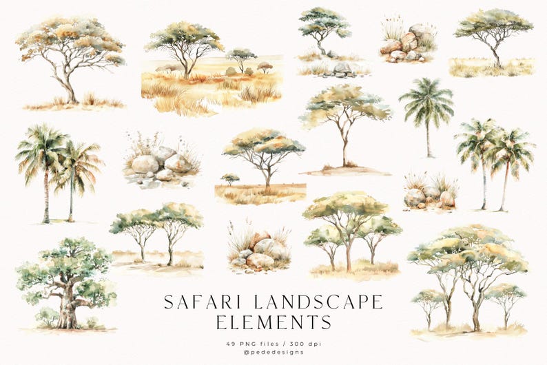 Watercolor Safari Clipart: Tropical Leaves, Savannah Trees (PNG ...