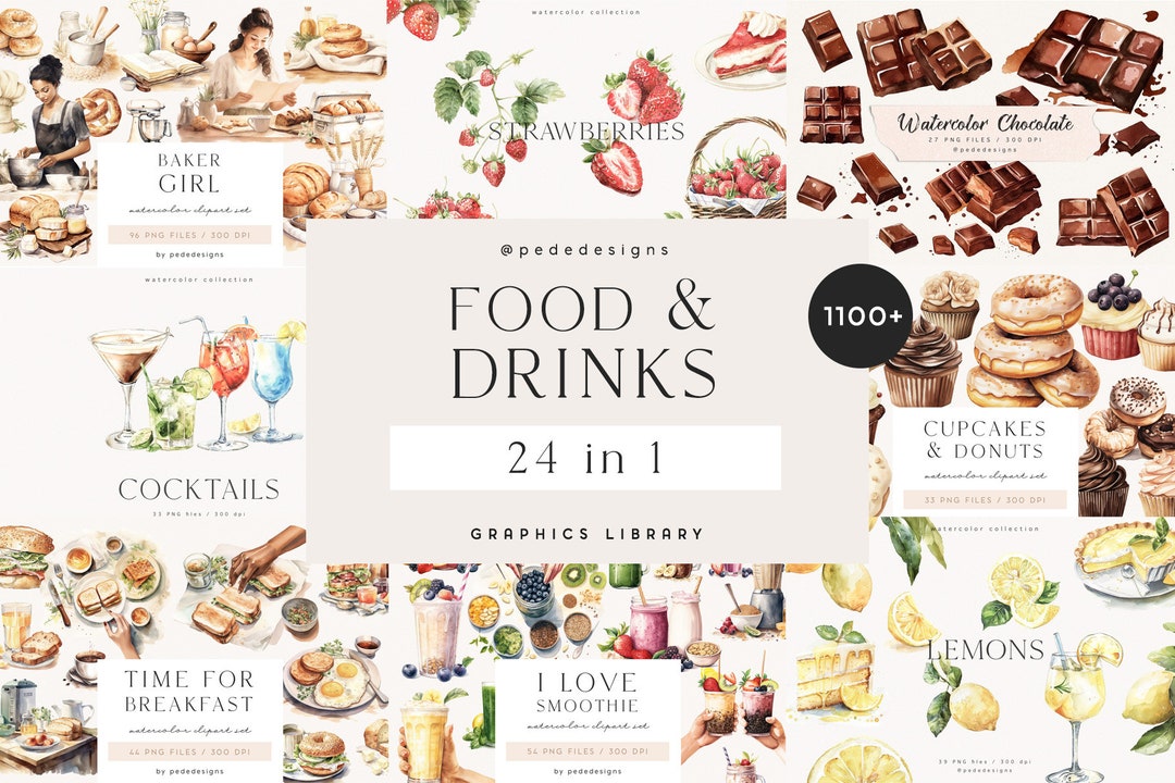 Food & Drinks Bundle, Clipart Library, Watercolor Illustrations, Food ...