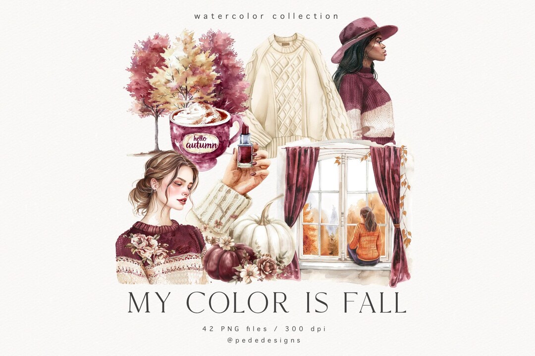 My Color is Fall Clip Art Set, Watercolor Autumn Clipart, Burgundy ...