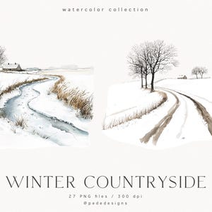 Winter Countryside Watercolor Clipart, Cozy Cottages, Christmas Snow ...