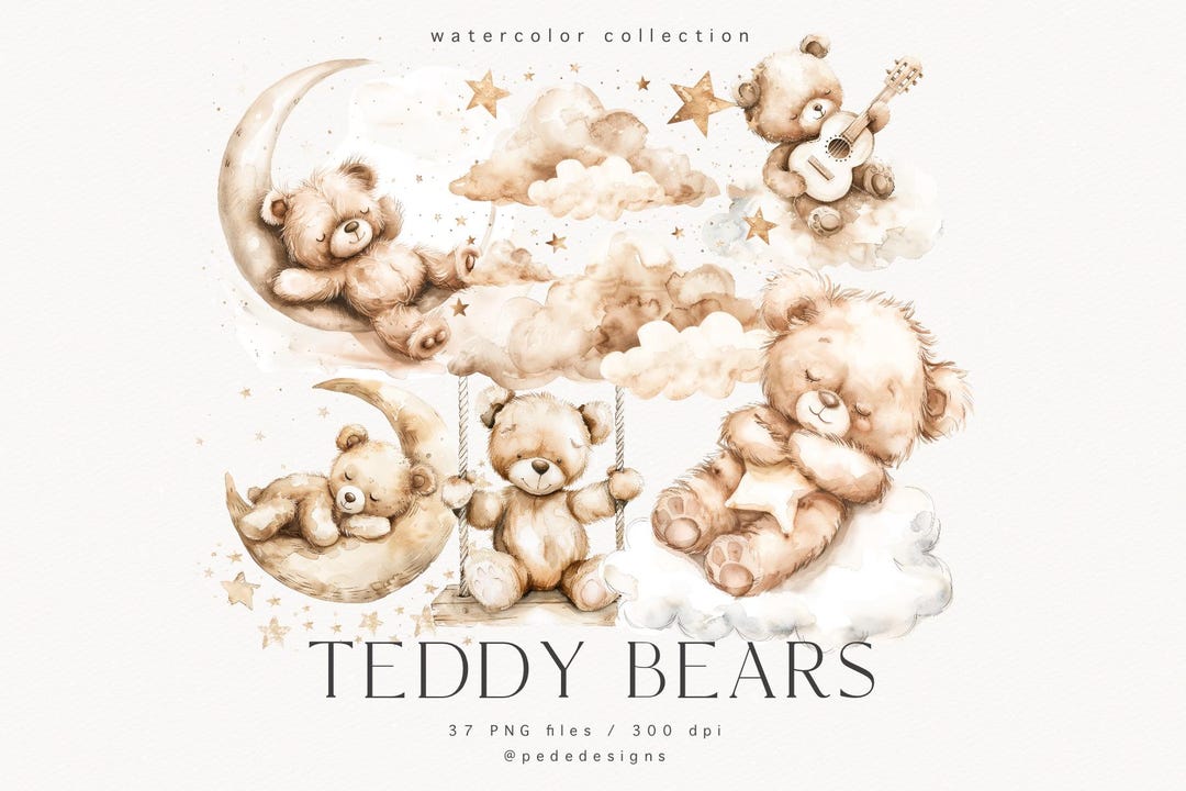 Teddy Bears Clip Art Set, Watercolor Clipart, Plush Animals, Nursery ...