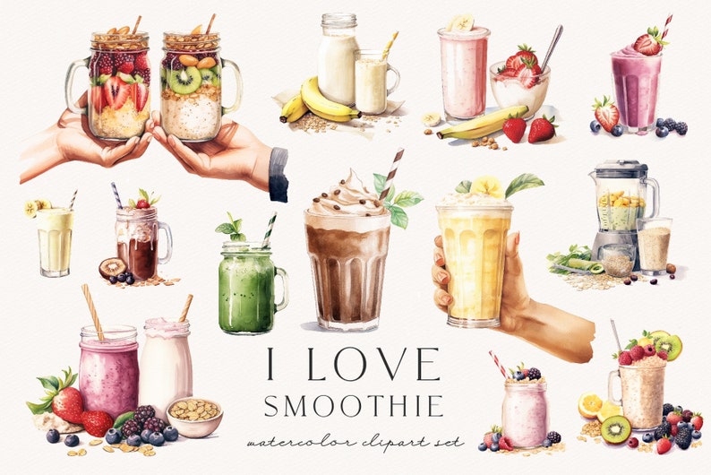 Smoothie Clipart: Watercolor Fruits & Healthy Food Graphics (PNG ...