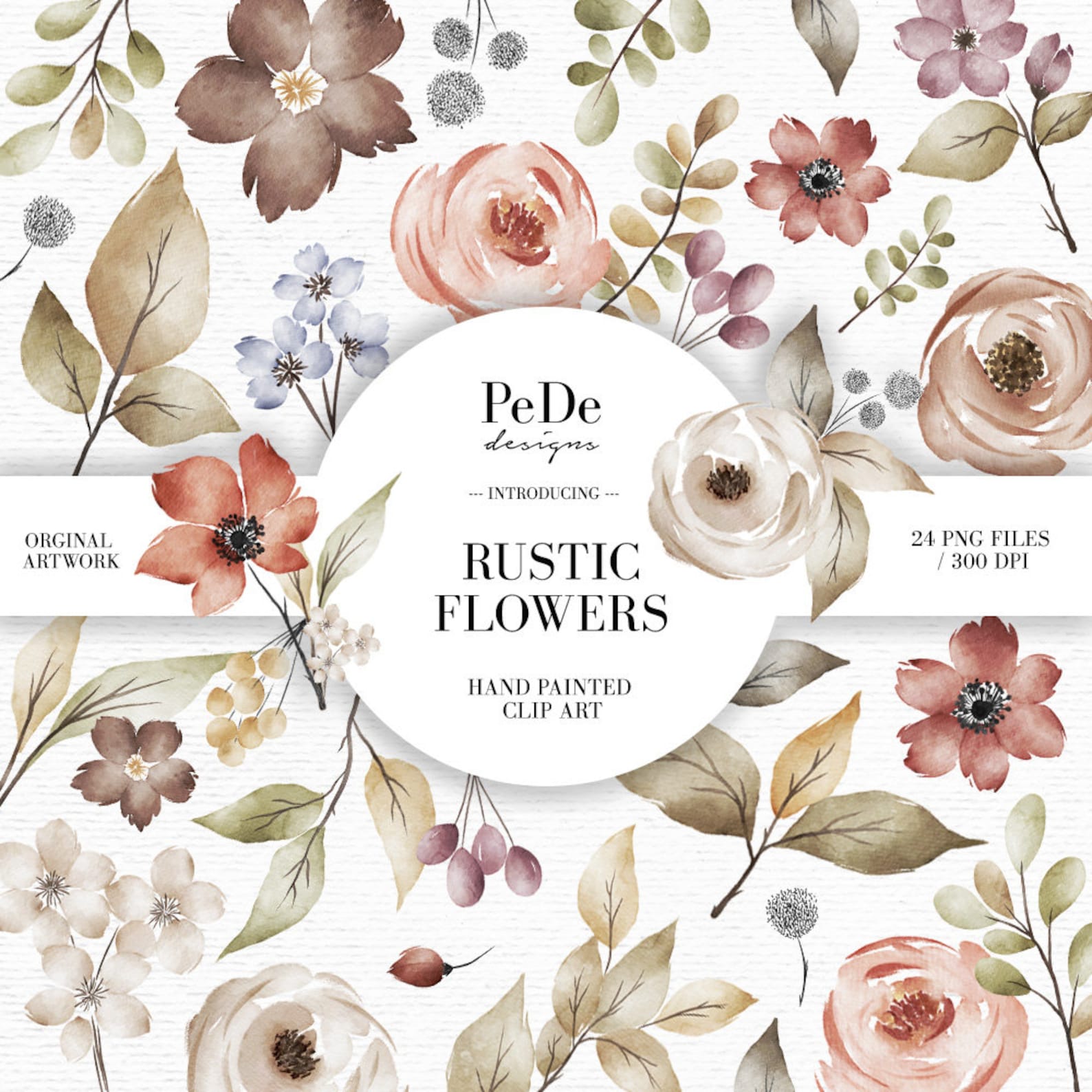 Watercolor Rustic Flowers Clip Art Pack Floral Cliparts - Etsy