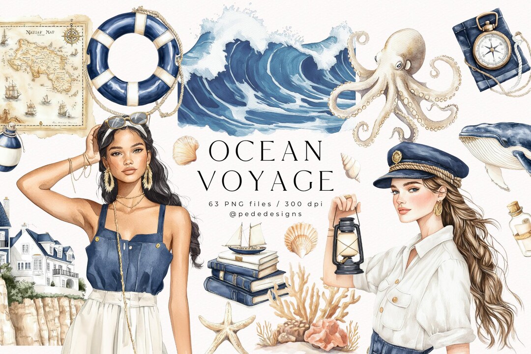 Watercolor Nautical Clipart: Ocean Voyage Graphics (PNG Download) - Etsy
