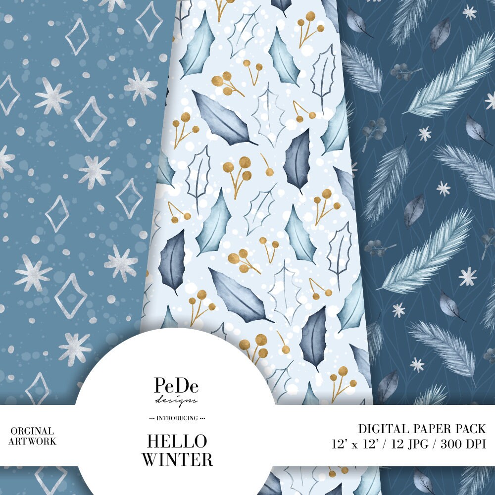 Hello Winter Winter Digital Paper Pack Watercolor Winter - Etsy