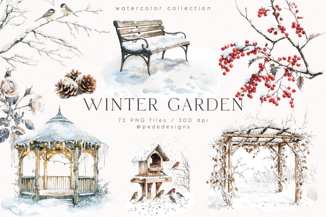 Winter Garden, Watercolor Winter Clipart, Winter Landscape, Snowy ...