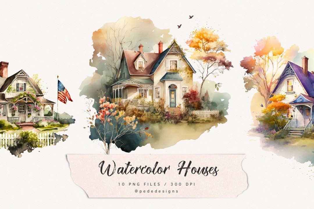 Watercolor House Clip Art, Home Clip Art, Cute Houses, Cottage ...