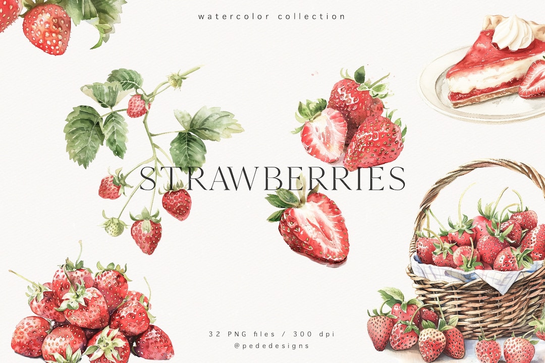 Strawberries Clipart, Watercolor Food Clipart, Fruit Clipart, Vege ...
