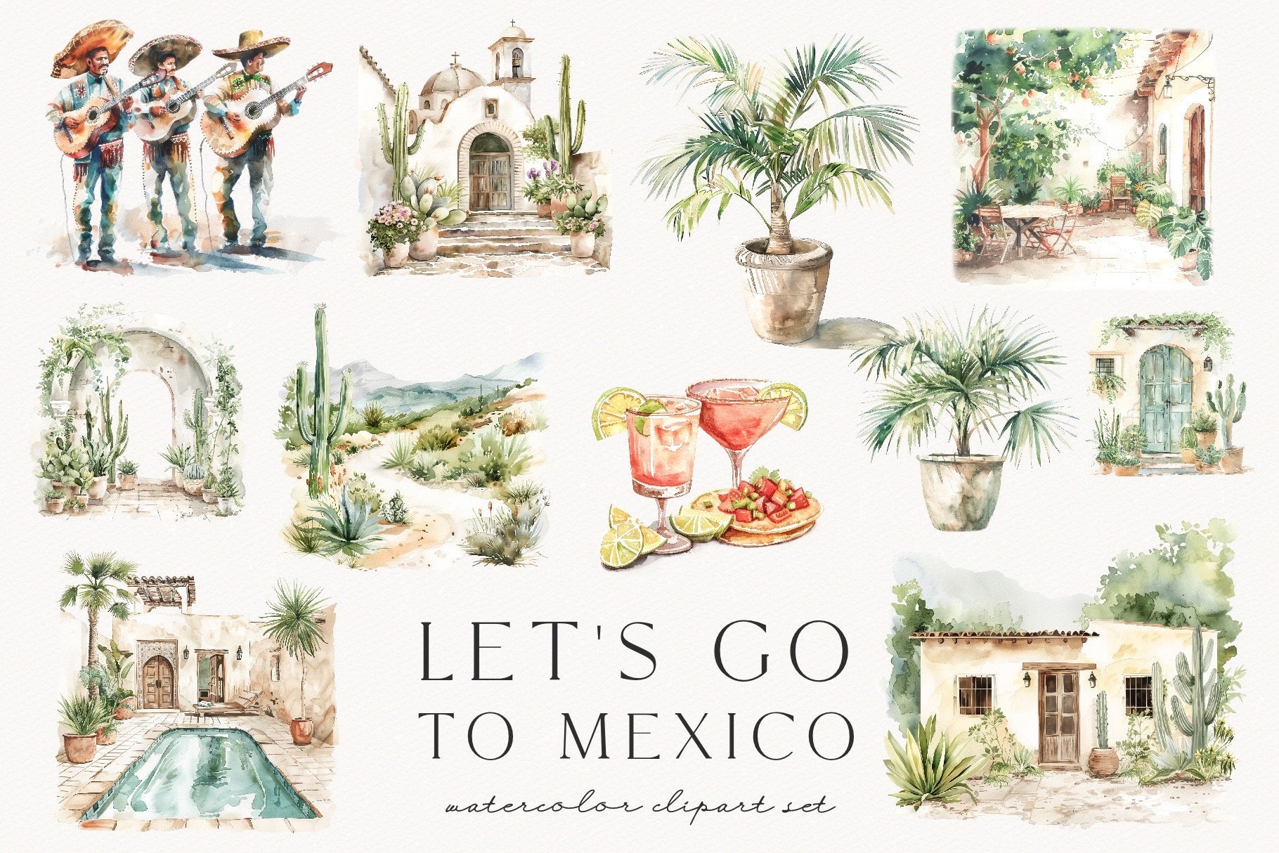 Let's Go to Mexico, Watercolor Summer Clipart, Travel, Mexican ...