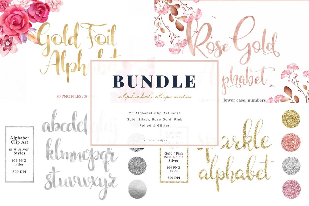 Alphabet Clip Art Bundle, Gold, Rose Gold, Silver, Foil & Glitter ...
