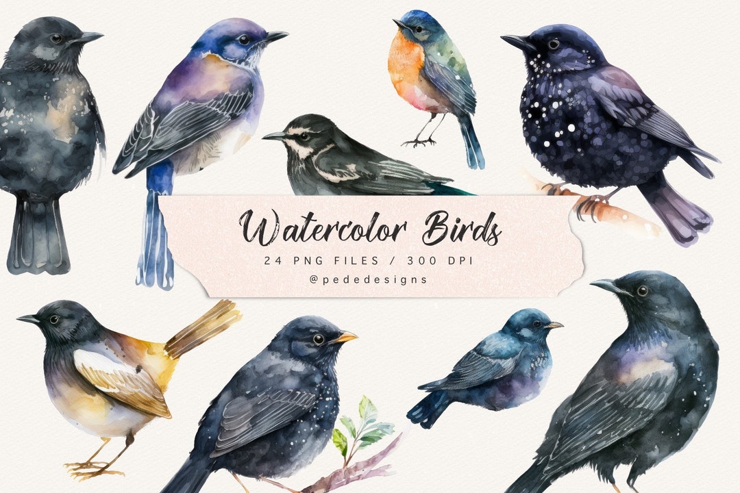 Watercolor Birds Clip Art, Tiny Dark Birds Clipart, Bird Png, Nature ...
