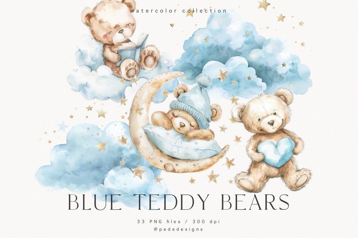 Blue Teddy Bears Clip Art Set, Watercolor, Boys Plush Animals, Nursery ...